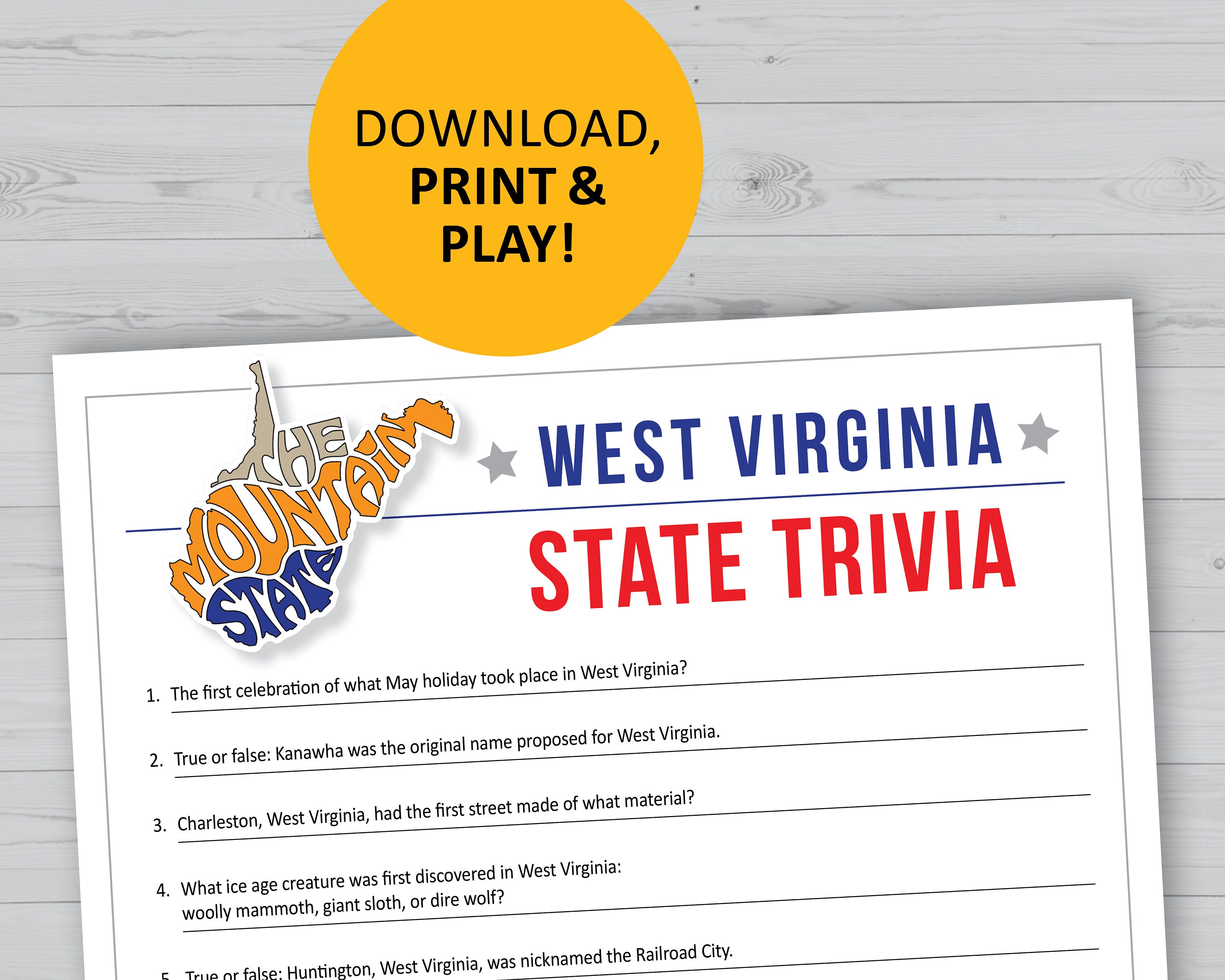 West Virginia Trivia Game, Printable, U.S. State Instant Download ...