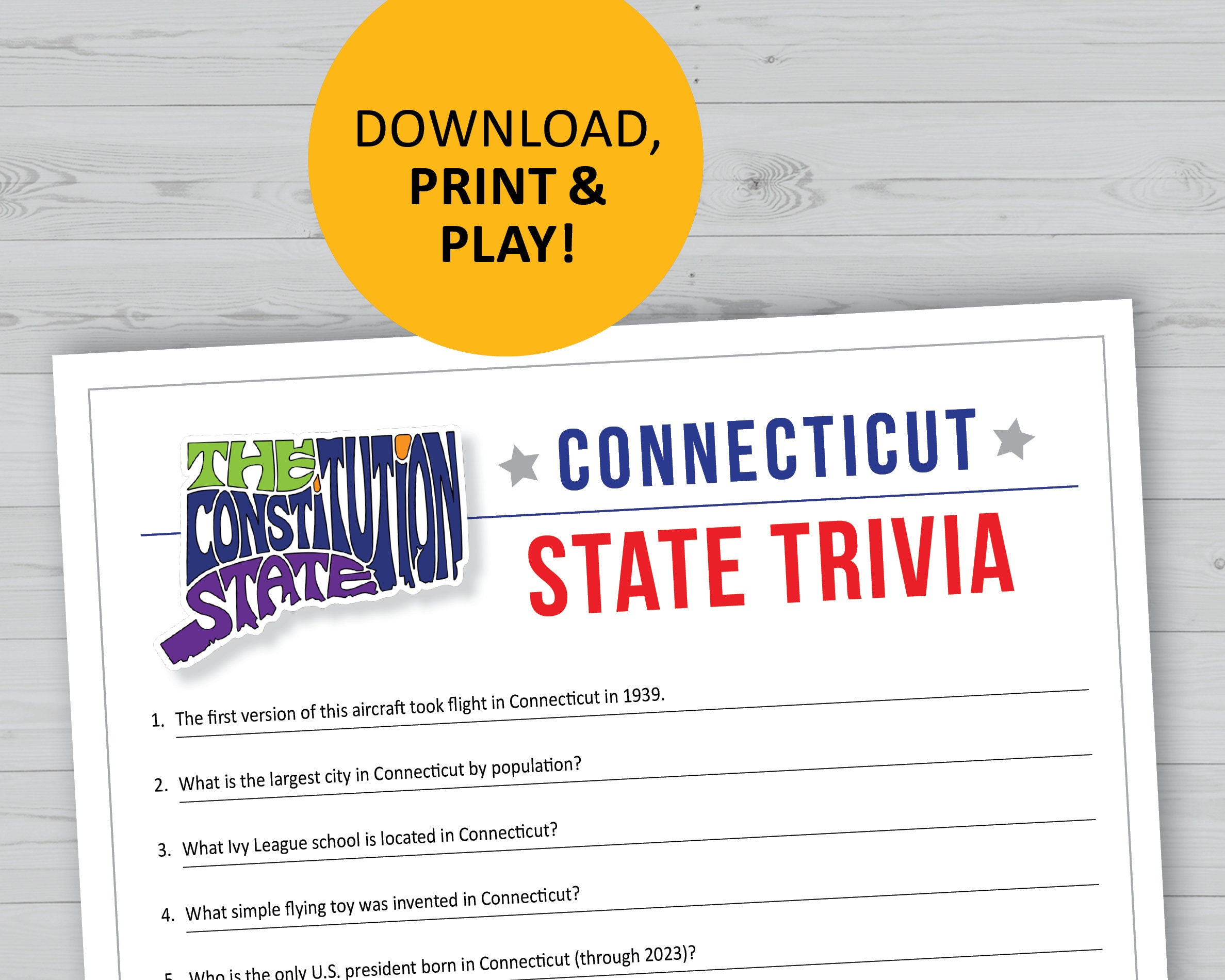 Connecticut Trivia Game, Printable, U.S. State Instant Download, Family ...