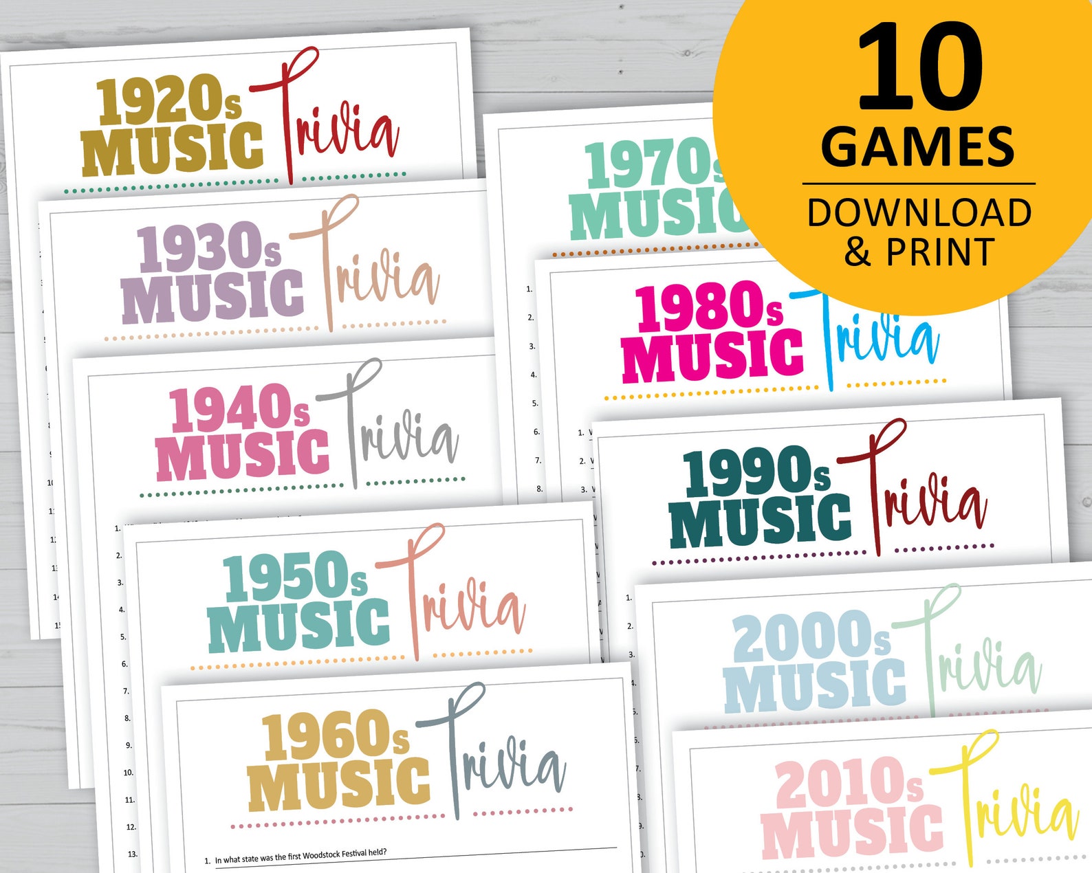 Decades Music Game Bundle, Printable Trivia, Party Instant Download ...