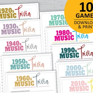 Decades Music Game Bundle, Printable Trivia, Party Instant Download ...