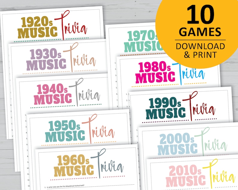 Decades Music Game Bundle, Printable Trivia, Party Instant Download ...