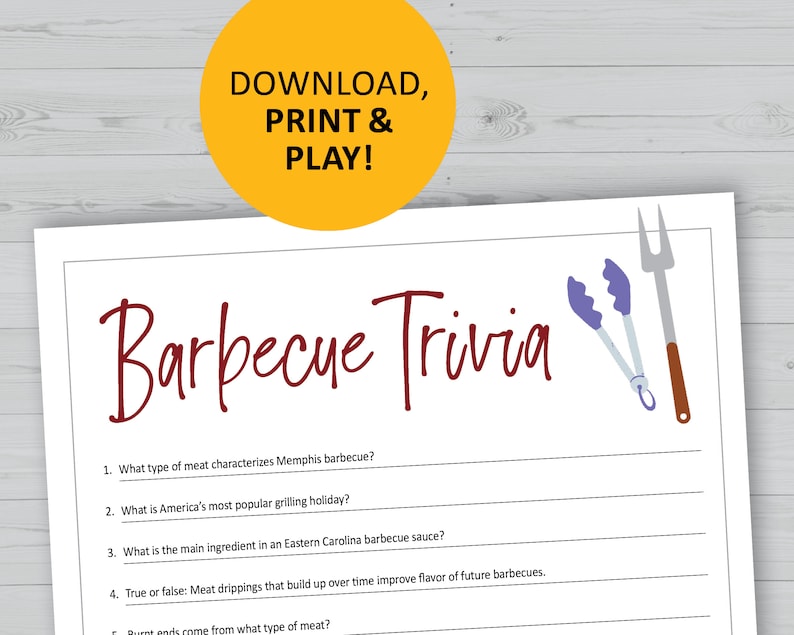 Barbecue Trivia Game, BBQ Cooking Printable, Instant Download, Grill ...