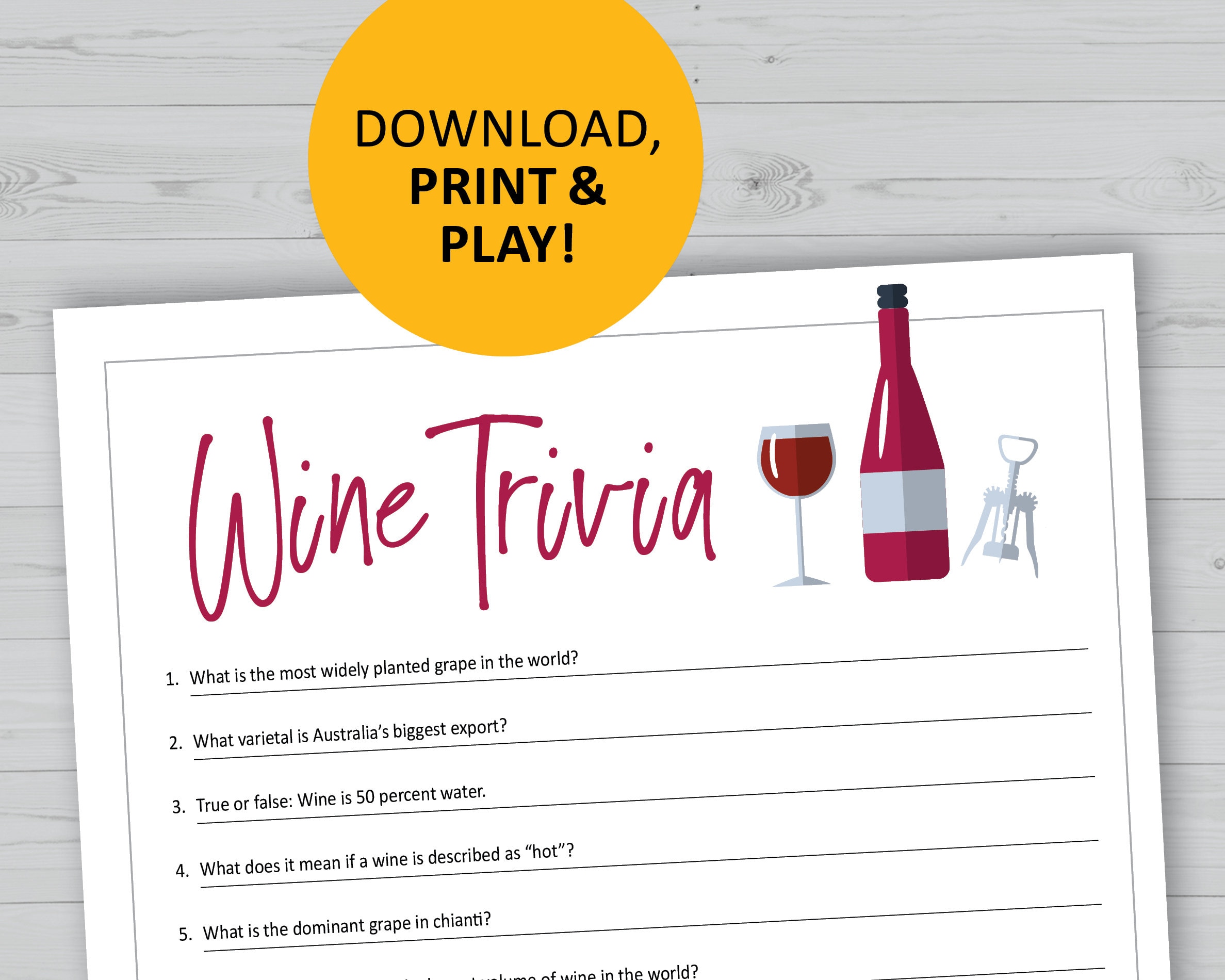 Wine Trivia Game, Printable, Instant Download, Office Party Games ...