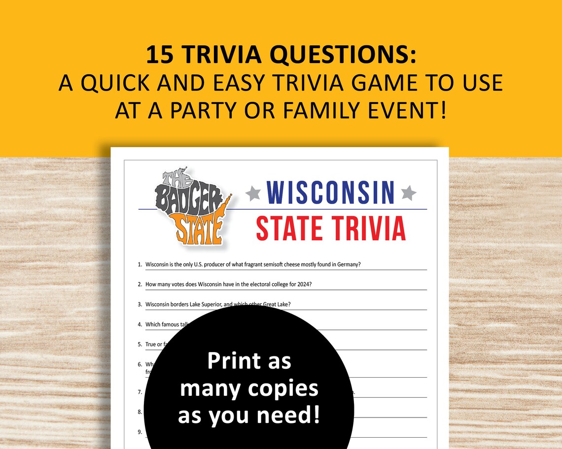 Wisconsin Trivia Game, Printable, U.S. State Instant Download, Family ...