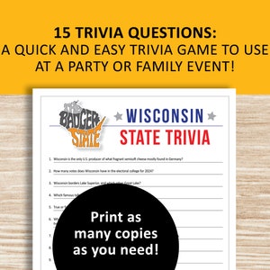Wisconsin Trivia Game, Printable, U.S. State Instant Download, Family ...