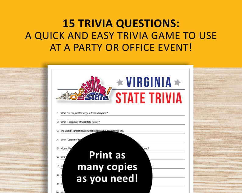 Virginia Trivia Game, Printable, U.S. State Instant Download, Family ...