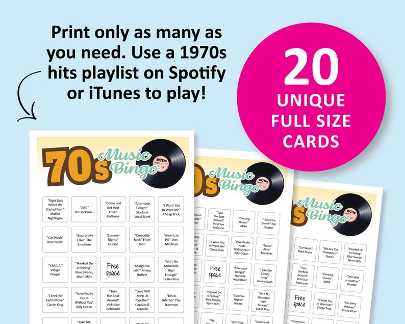 1970s Music Bingo Boards 70s Printable Game Instant - Etsy