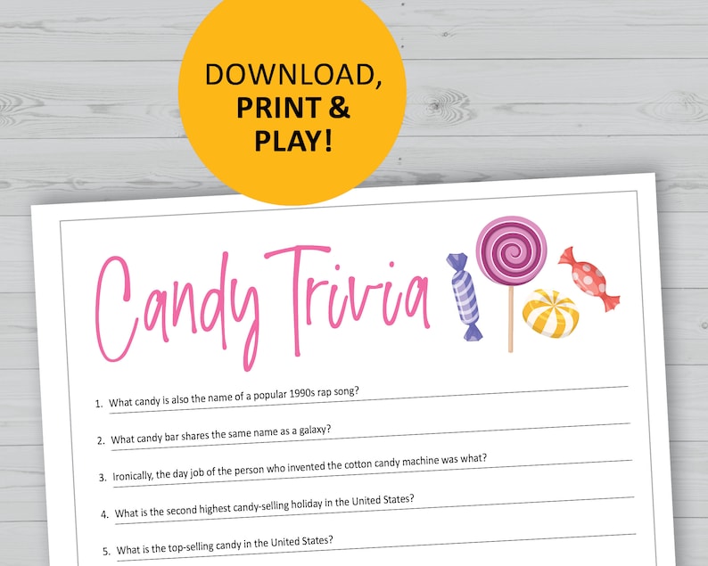 Candy Trivia Game, Chocolate Printable, Instant Download, Sweets Party ...