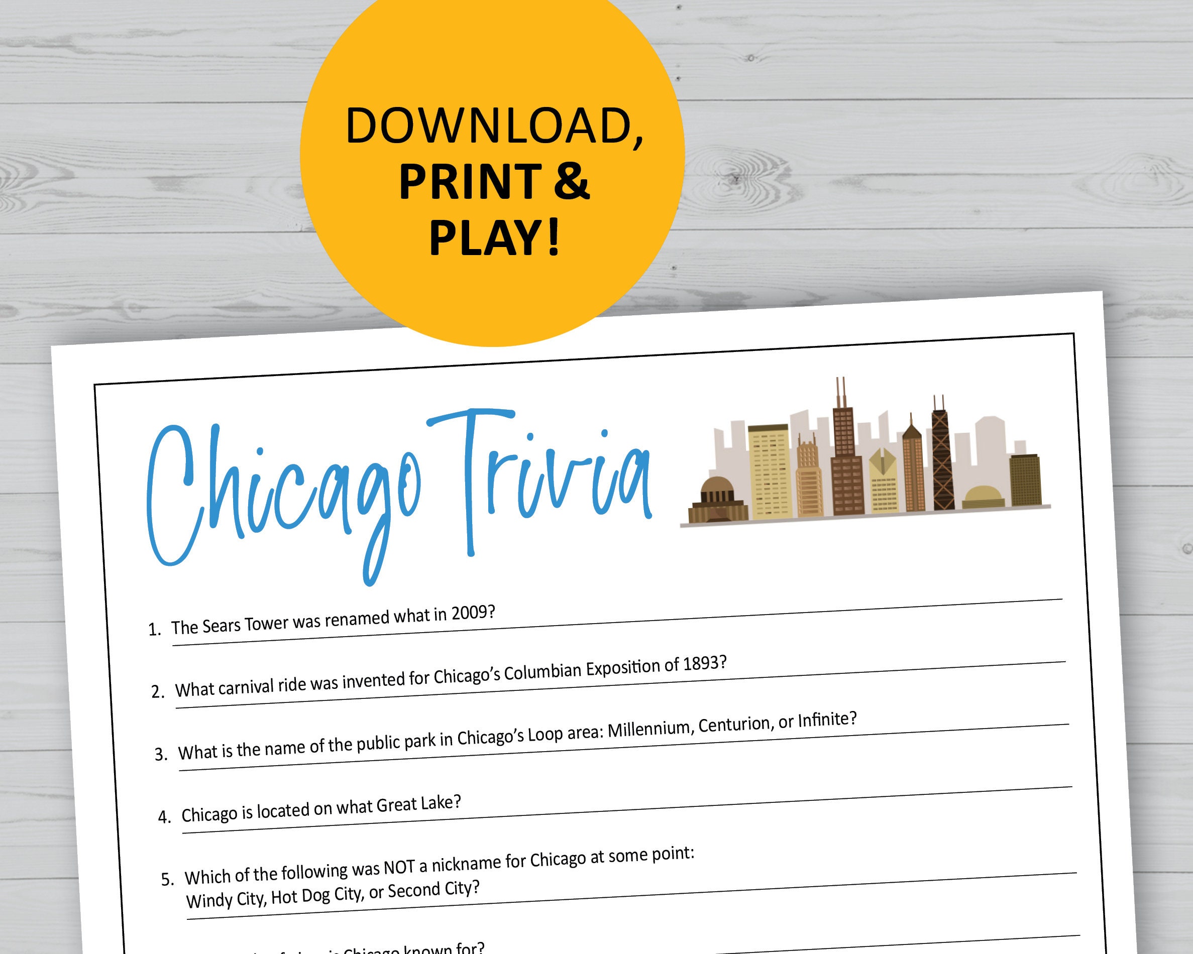 Chicago Trivia Game Printable, History Questions, Instant Download ...