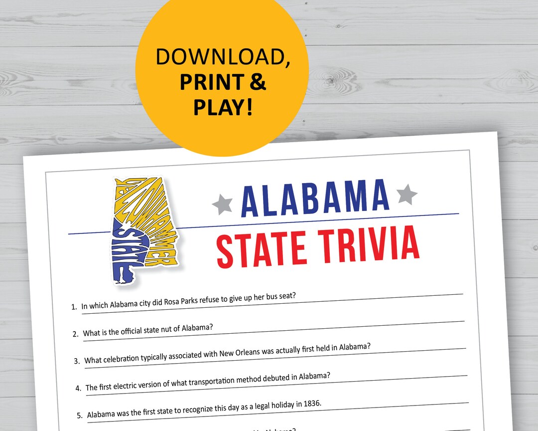 Alabama Trivia Game, Printable, U.S. State Instant Download, Family ...