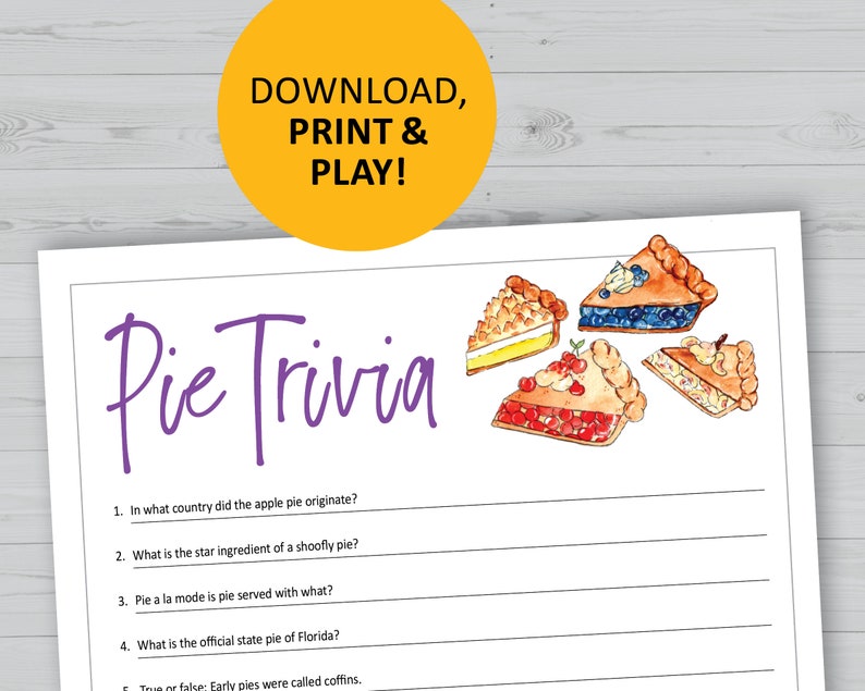 Pie Trivia Game, Dessert Printable, Instant Download, Dinner Party ...