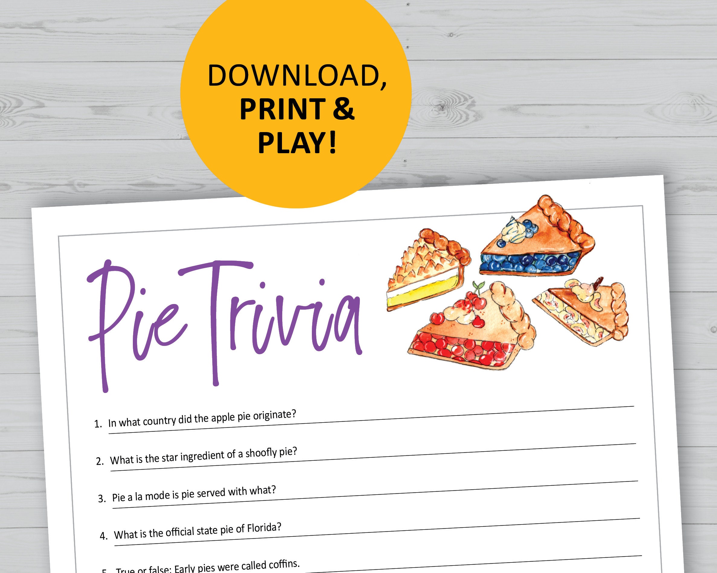 Pie Trivia Game, Dessert Printable, Instant Download, Dinner Party ...