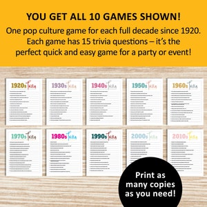 Decades Trivia Bundle, Printable Games, Party Instant Download, 20s ...