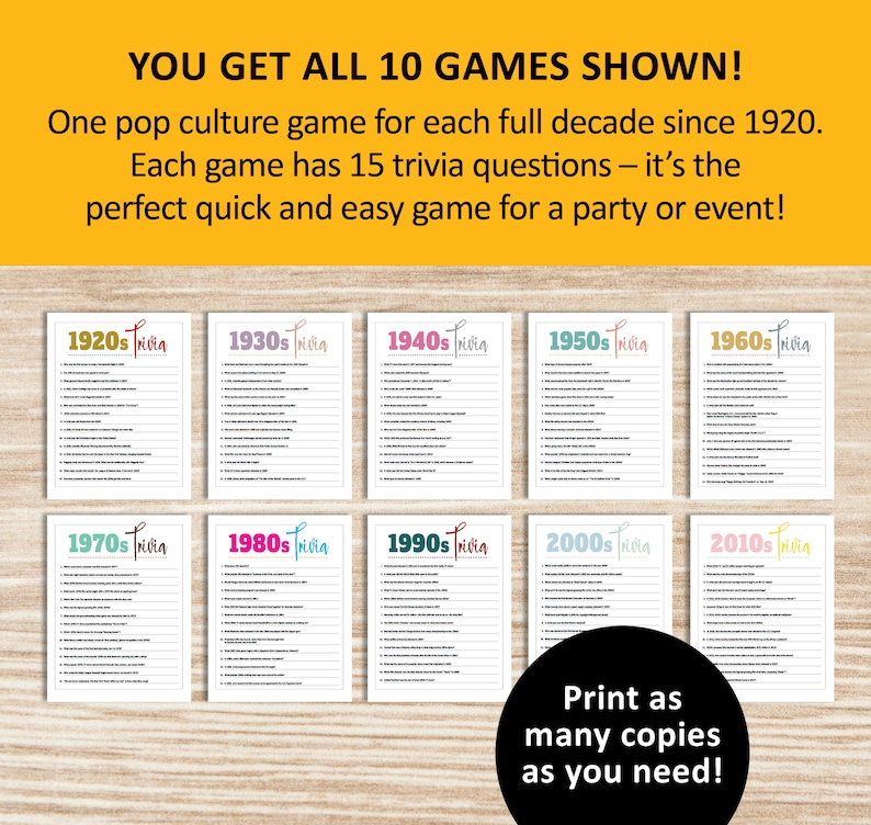 Decades Trivia Game Bundle, Printable Party Games (digital Download) - Etsy