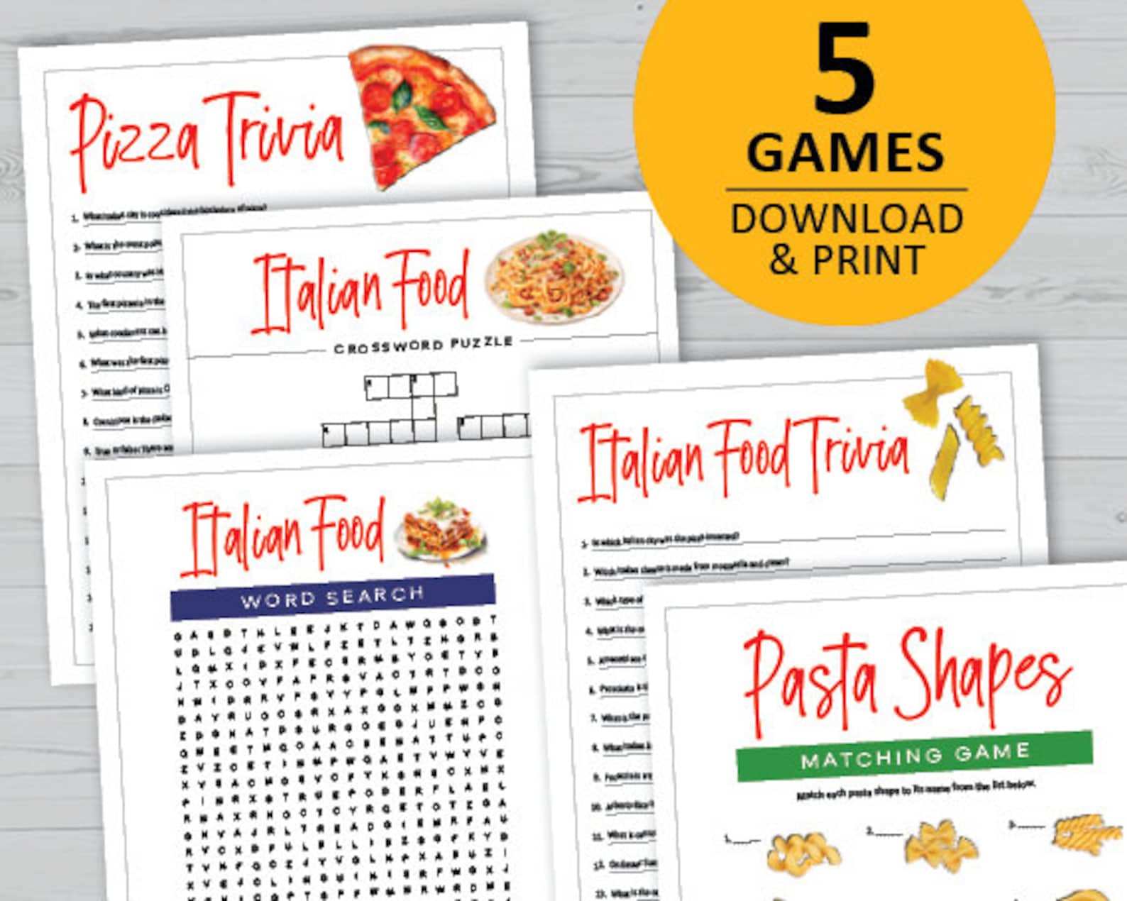 Italian Dinner Game Bundle, Trivia Printable, Italian Food Word Search ...