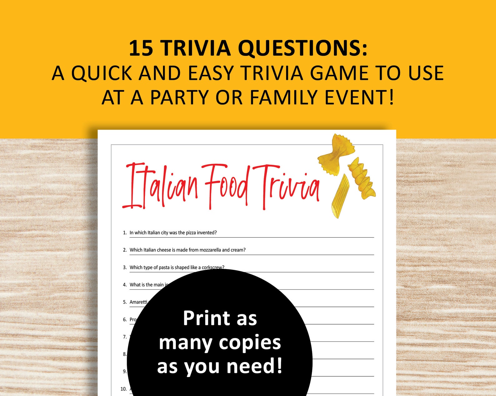 Italian Food Trivia Game, Cooking Printable, Instant Download, Dinner ...