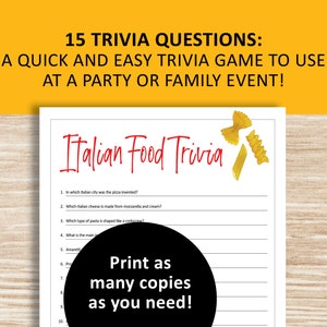 Italian Food Trivia Game, Cooking Printable, Instant Download, Dinner ...