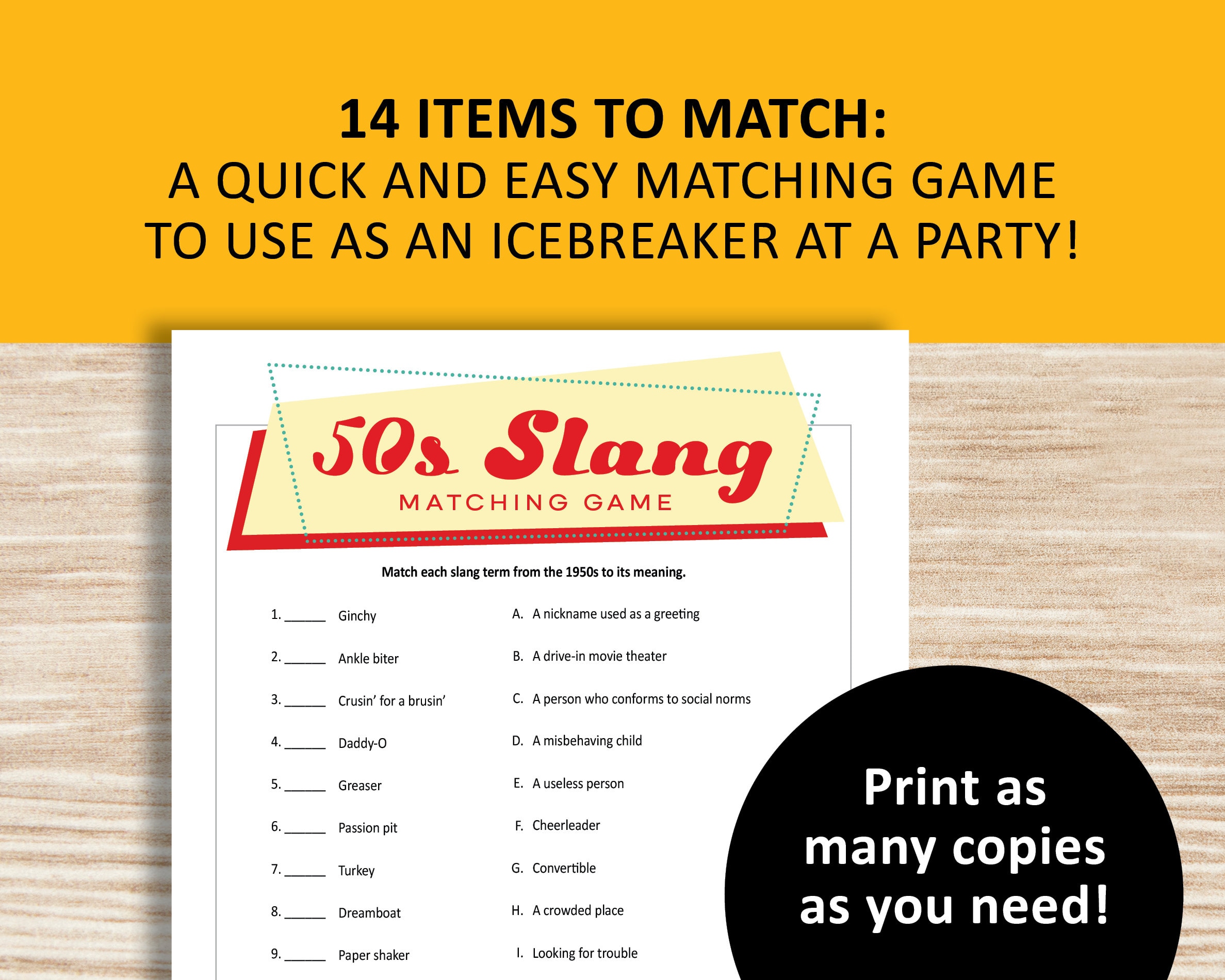 1950s Slang Game, Matching Printable, 50s Theme Party, Decades Trivia ...