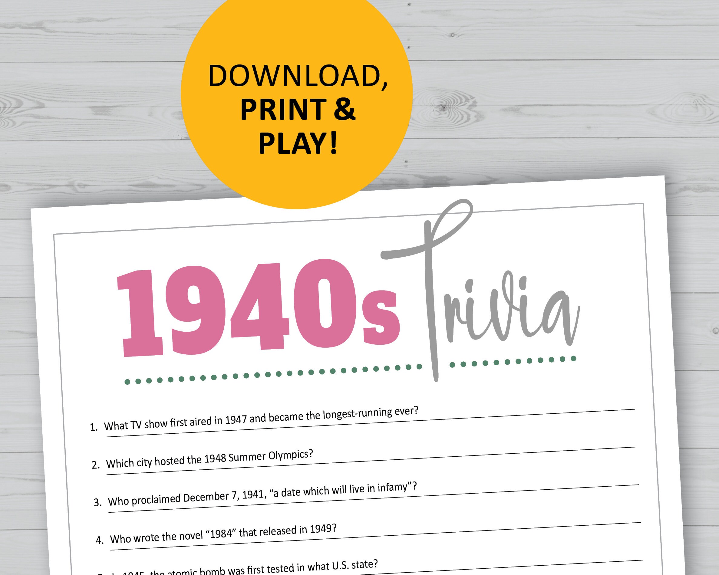 1940s Trivia Game, 40s History, Pop Culture Printable Games, Instant ...