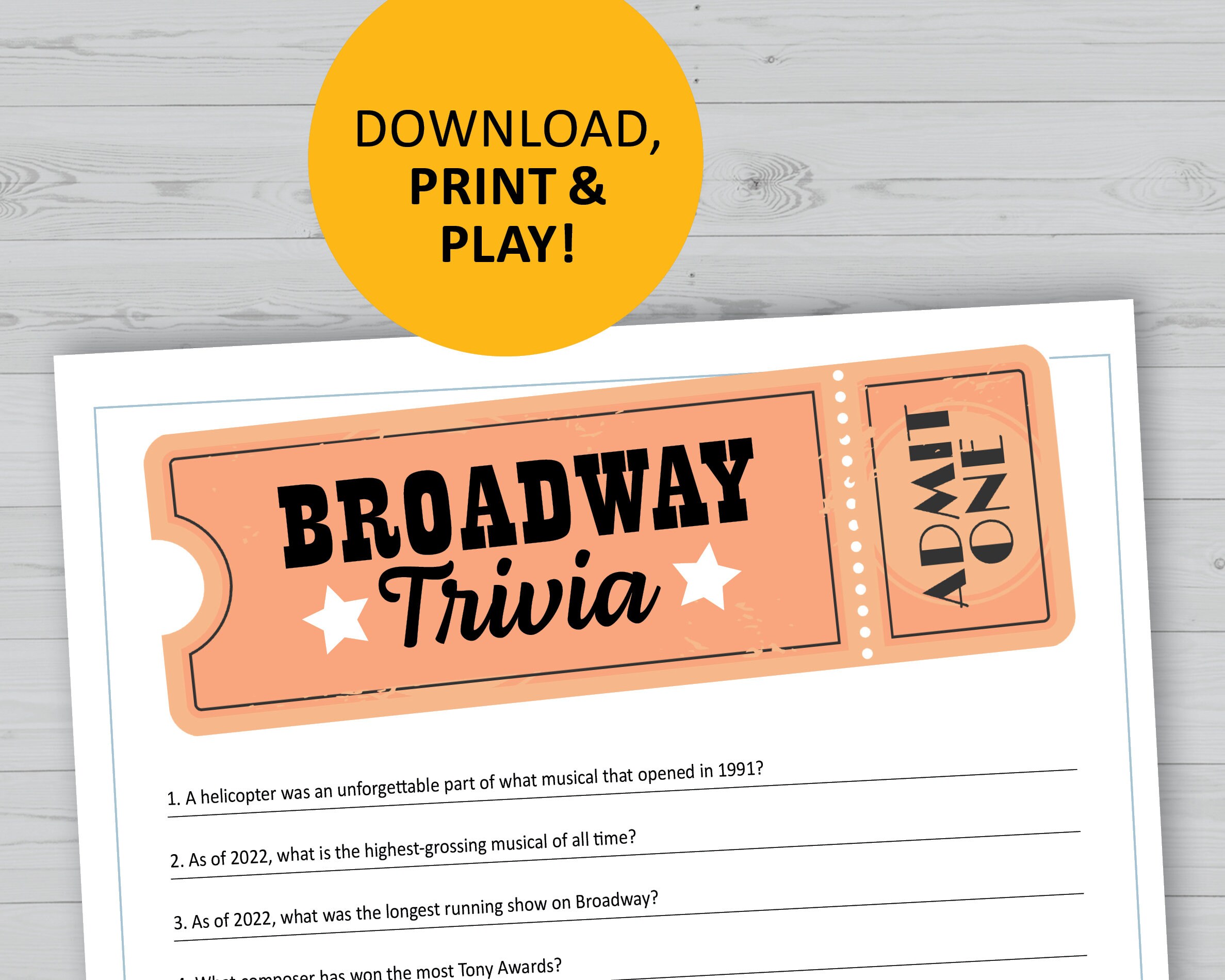 Broadway Trivia Game, Printable, Instant Download, Musical Theater ...