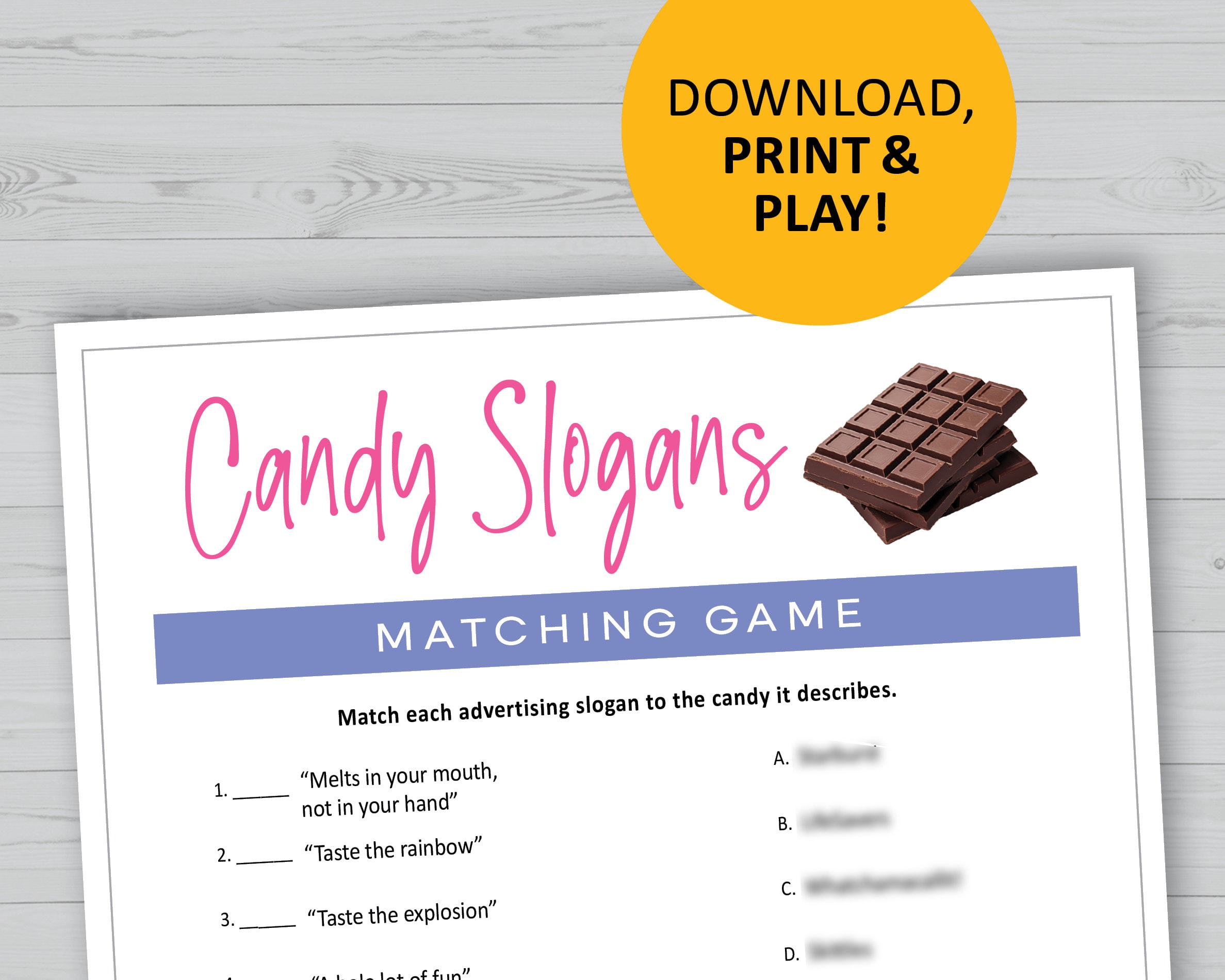 Candy Slogan Matching Game, Candy Party Printable, Instant Download - Etsy