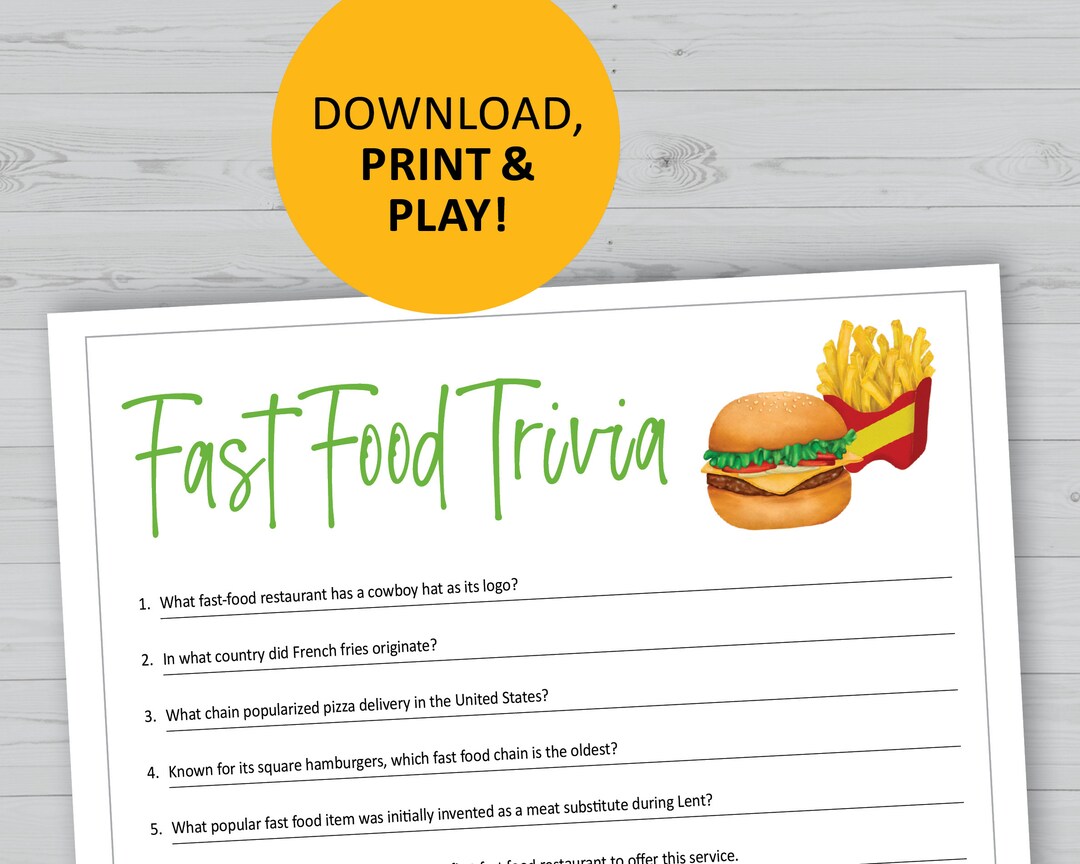 Fast Food Trivia Game, Printable, Instant Download, Party Games, Burger ...