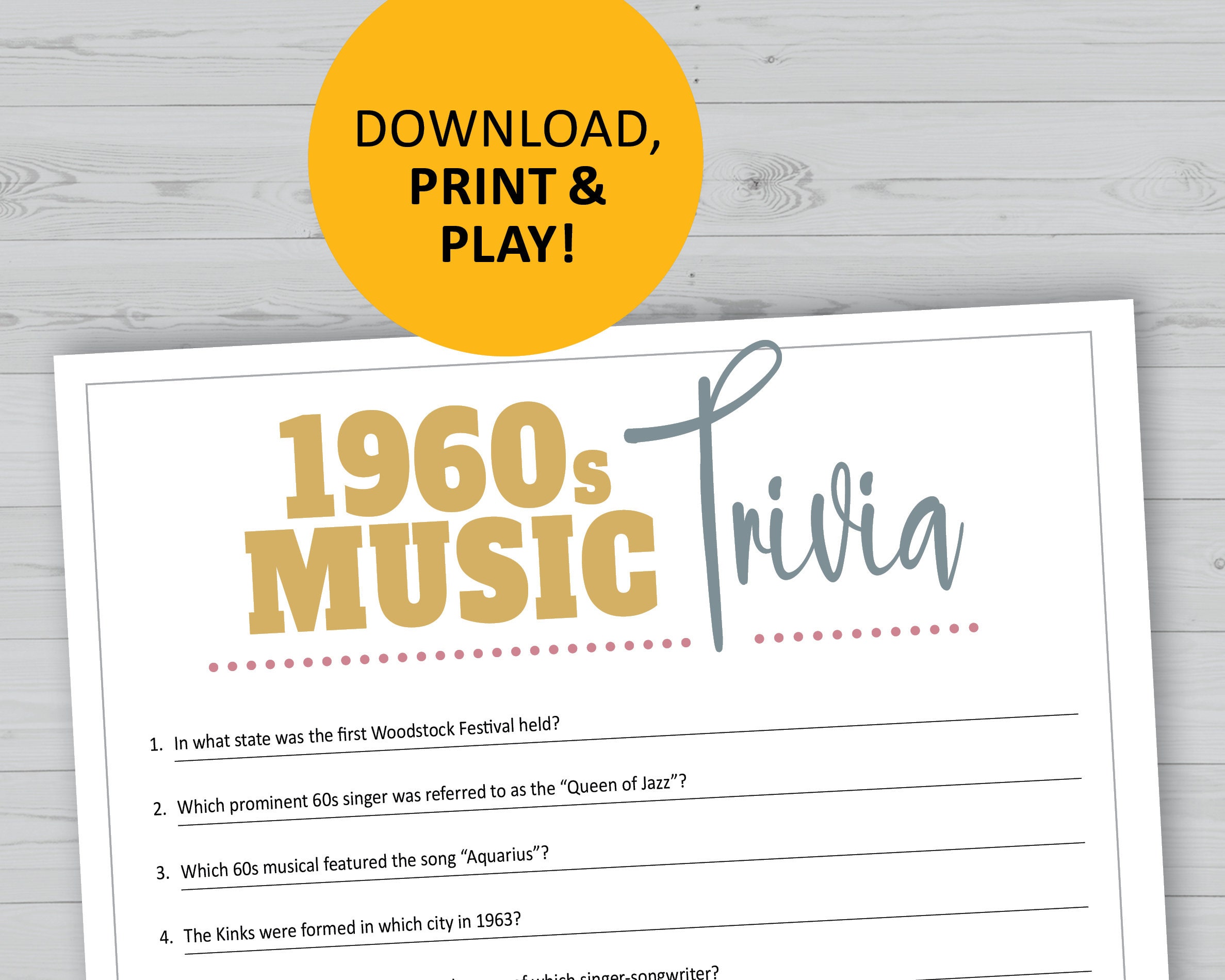 1960s Music Trivia Game, 60s History, Pop Culture Printable Games ...