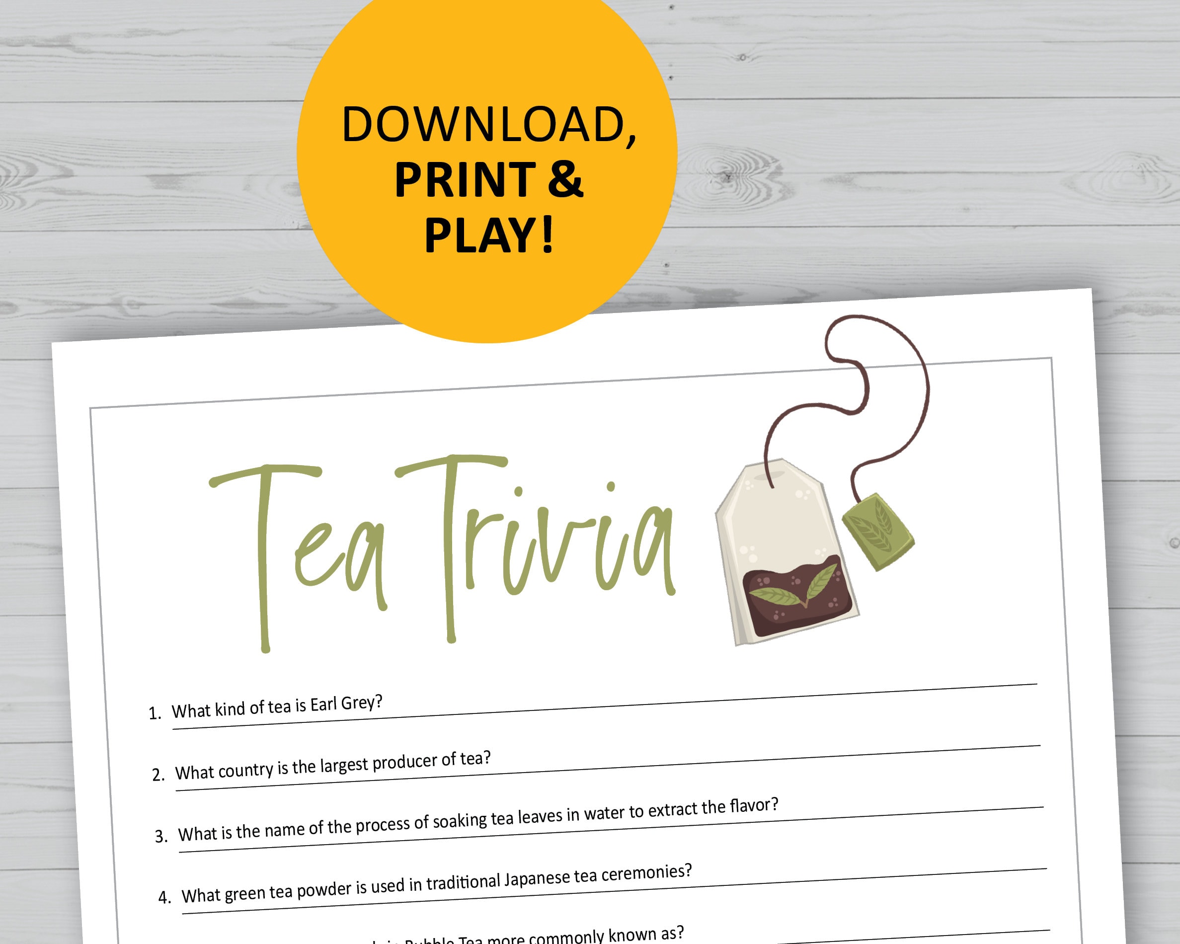Tea Trivia Game, Printable Games, Instant Download, Office Party ...