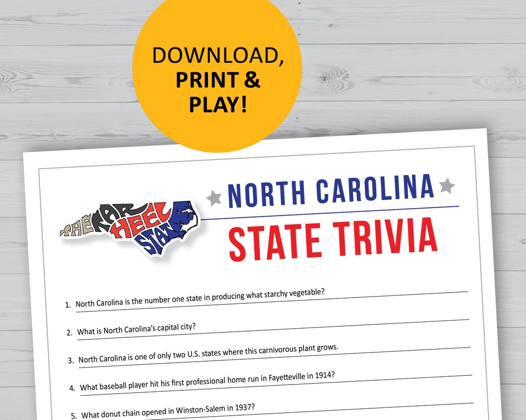 North Carolina Trivia Game, Printable, U.S. State Instant Download ...