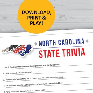 North Carolina Trivia Game, Printable, U.S. State Instant Download ...