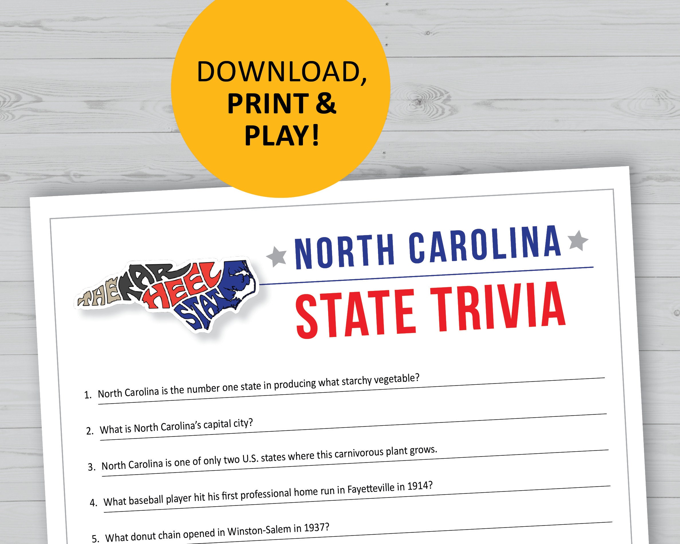 North Carolina Trivia Game, Printable, U.S. State Instant Download ...