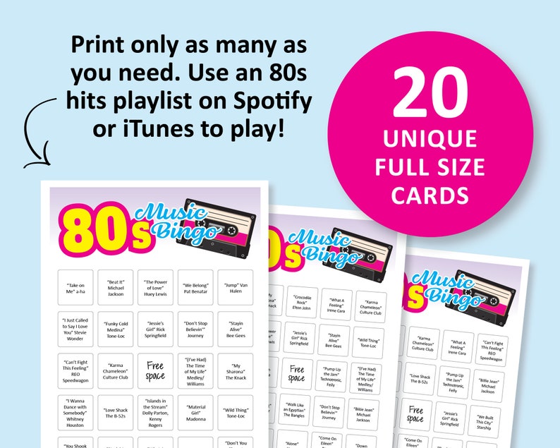 80s Music Bingo Boards 1980s Printable Game Instant - Etsy