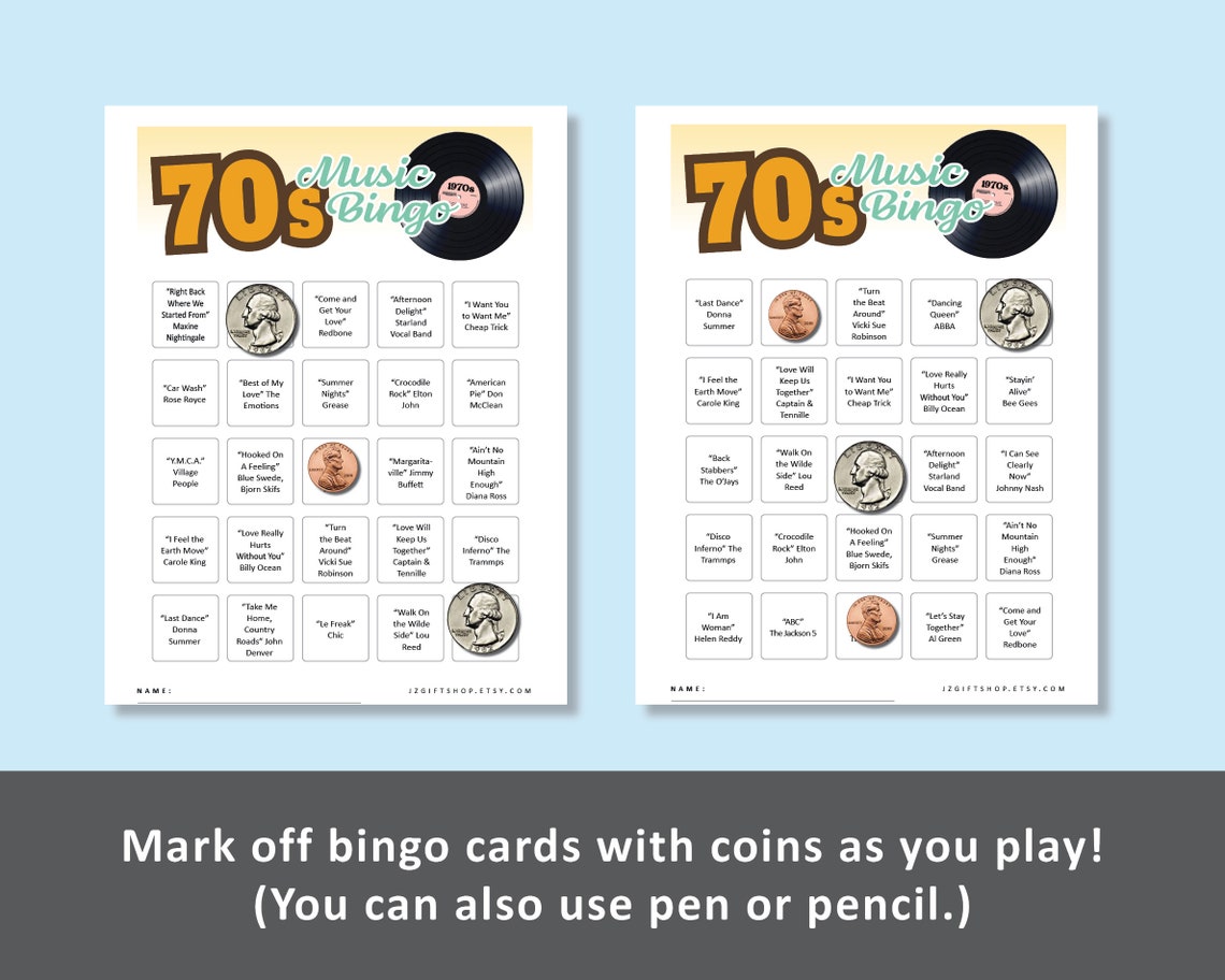 1970s Music Bingo Boards 70s Printable Game Instant - Etsy