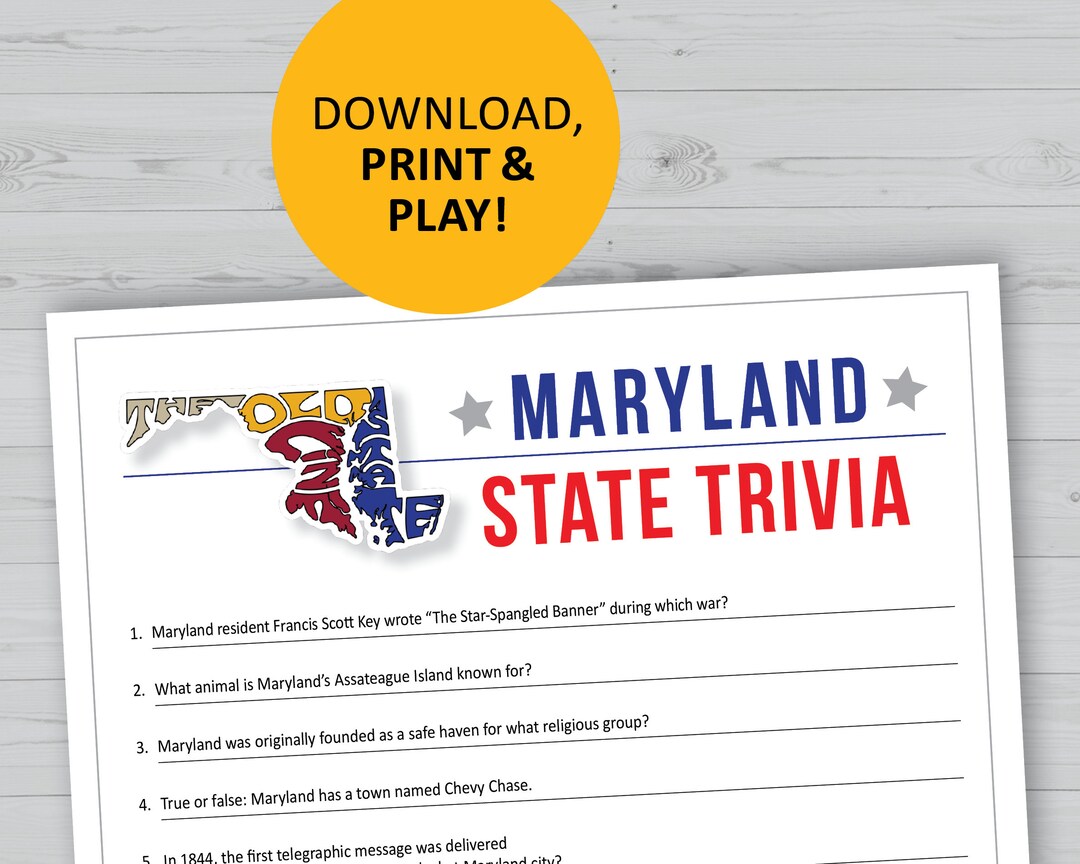 Maryland Trivia Game, Printable, U.S. State Instant Download, Family ...