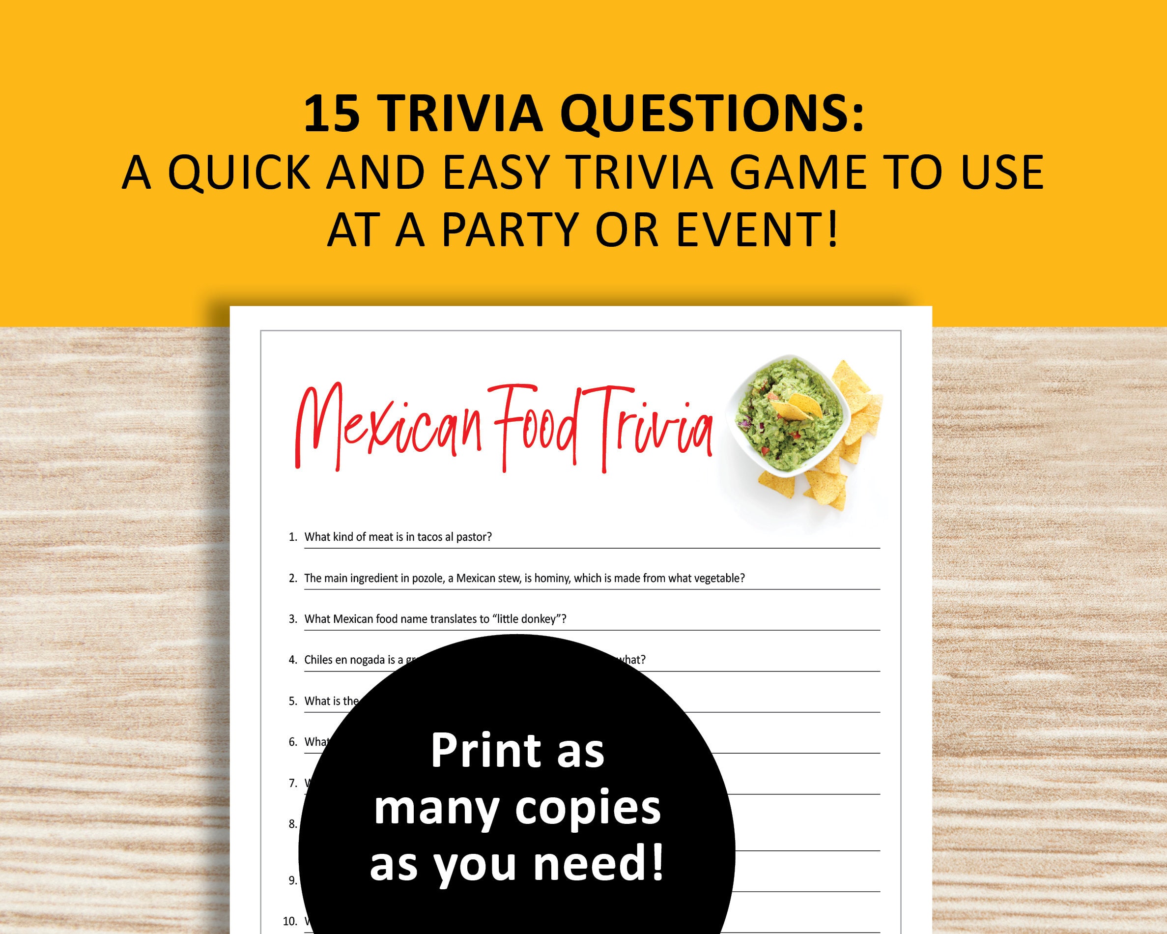 Mexican Food Trivia Game, Cooking Printable, Instant Download, Dinner ...