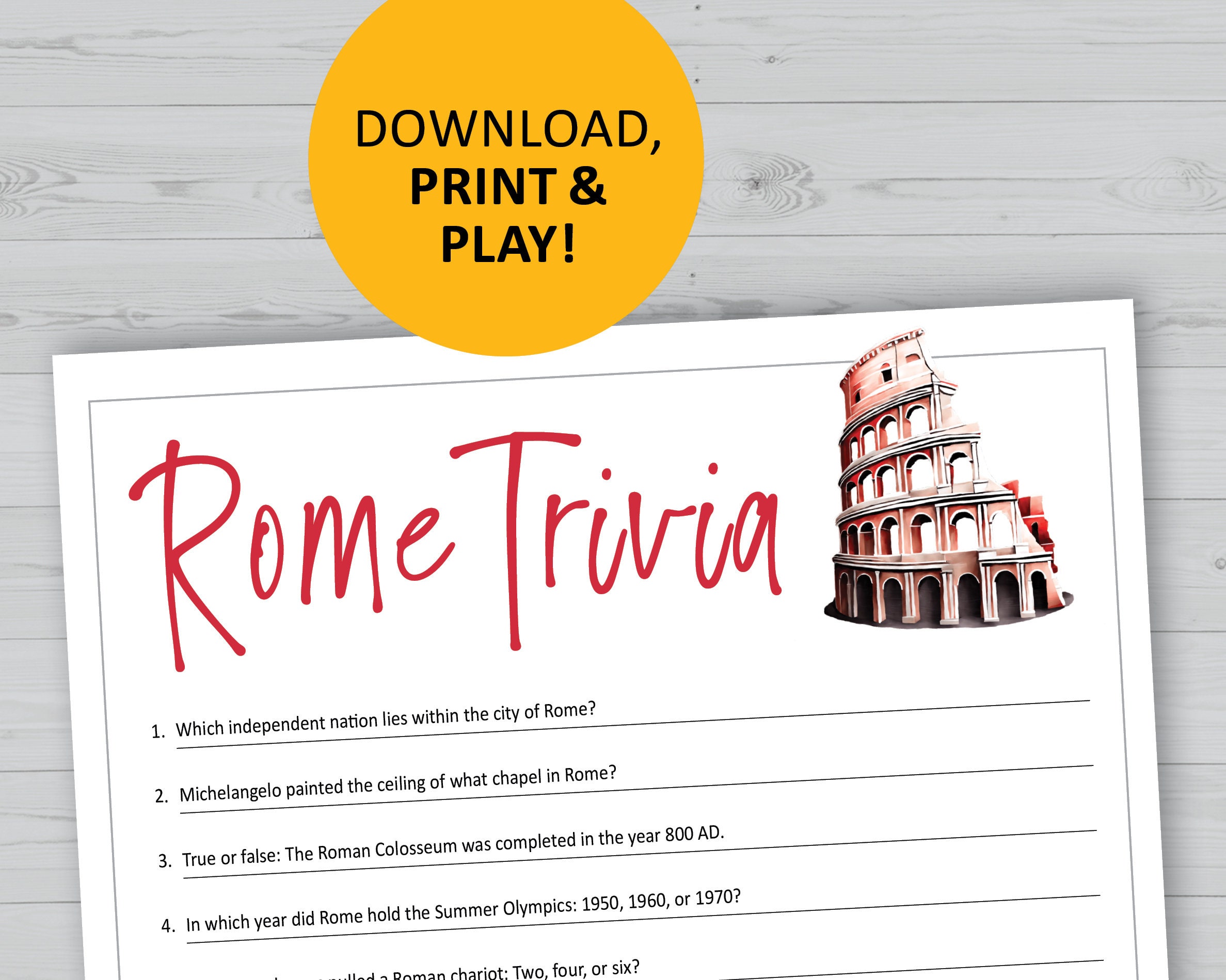 Rome Trivia Game Printable, Italy History Questions, Instant Download ...