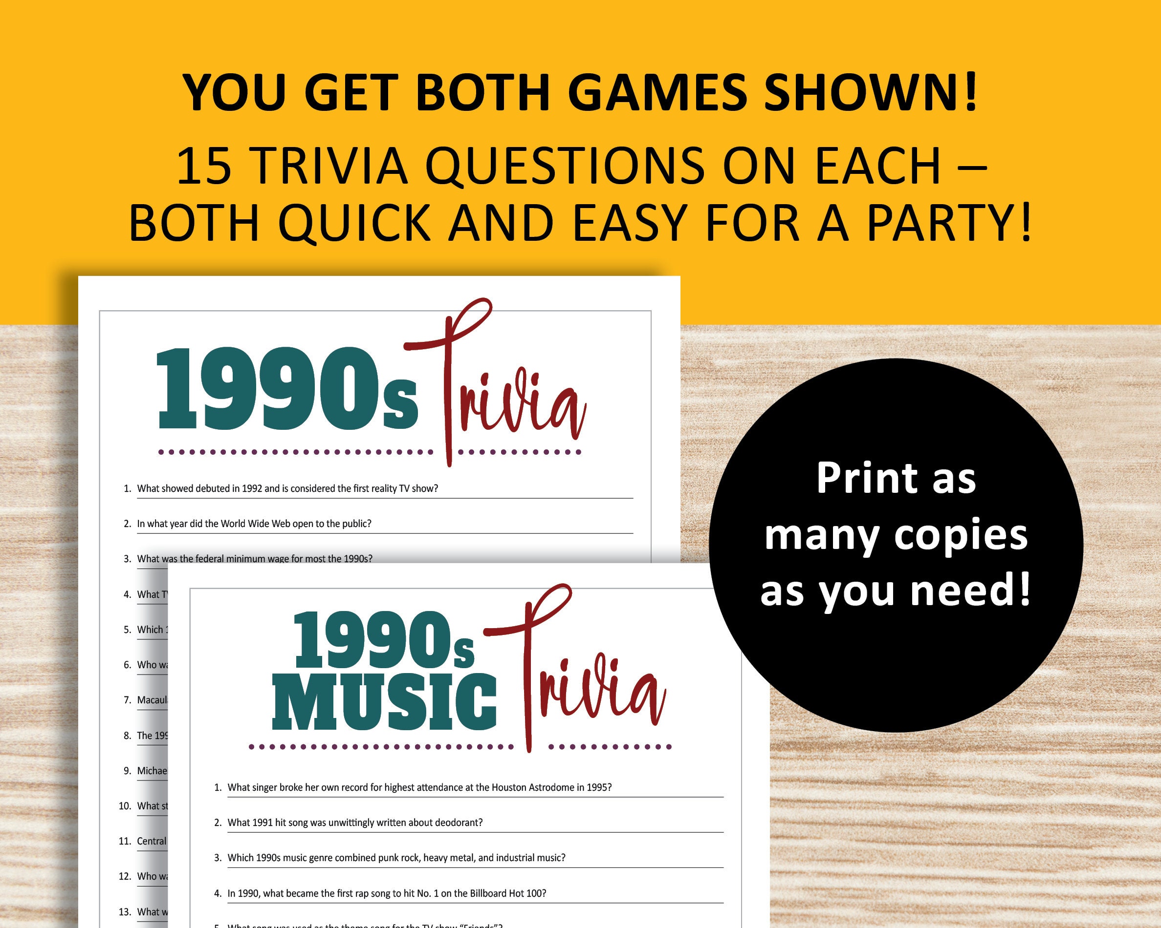 1990s Trivia Game Bundle, 90s History, Music, Pop Culture Printable ...