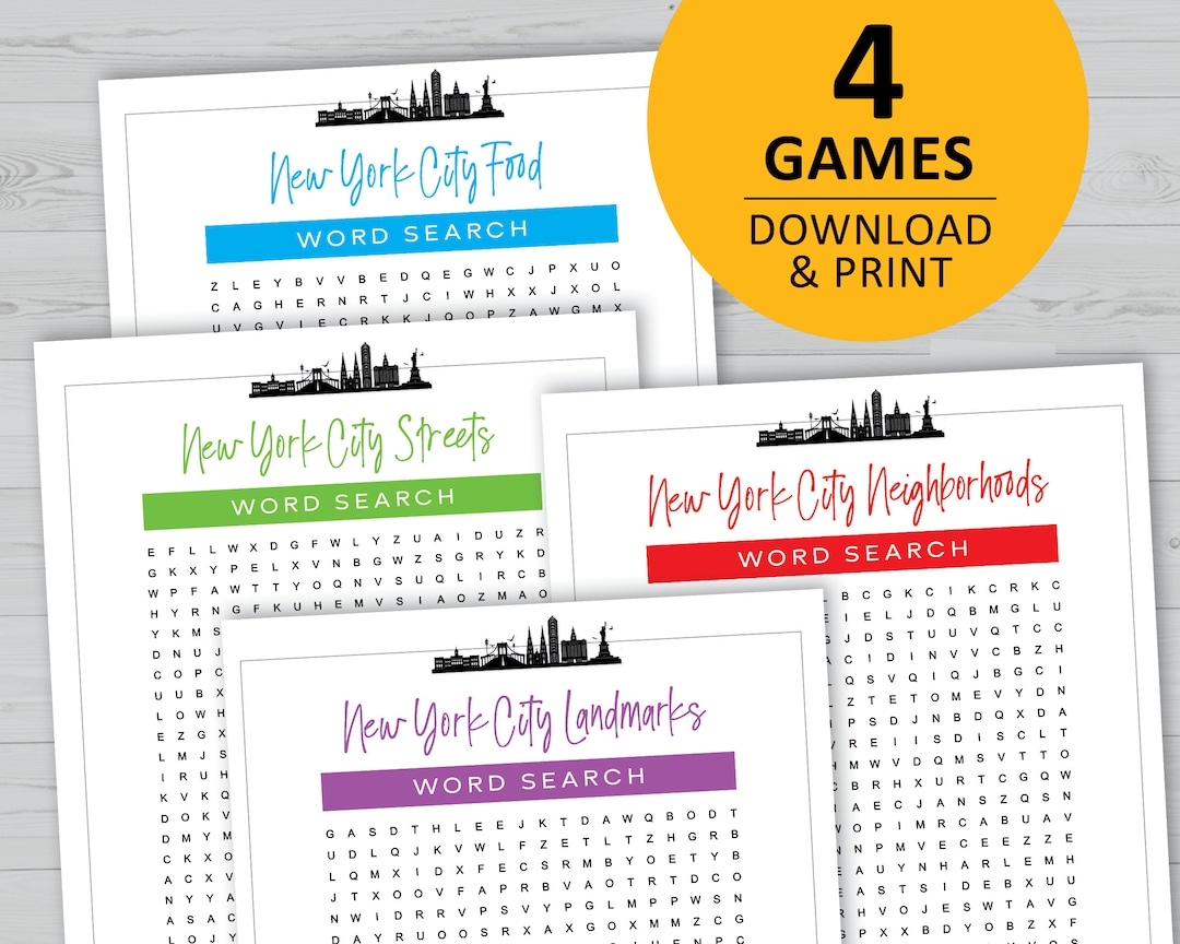 New York City Word Search Game Bundle of 4, Manhattan Party Printable ...