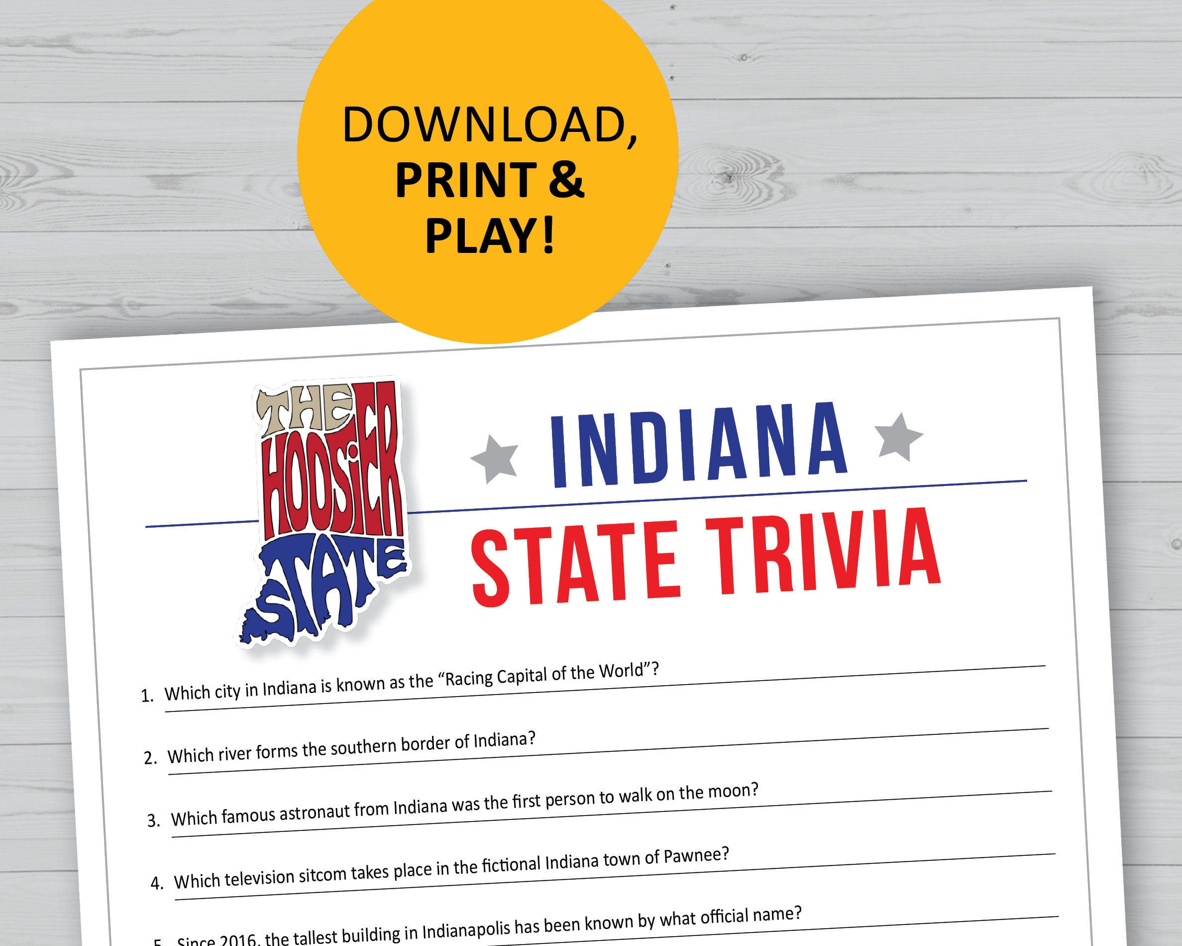 Indiana Trivia Game, Printable, U.S. State Instant Download, Family ...