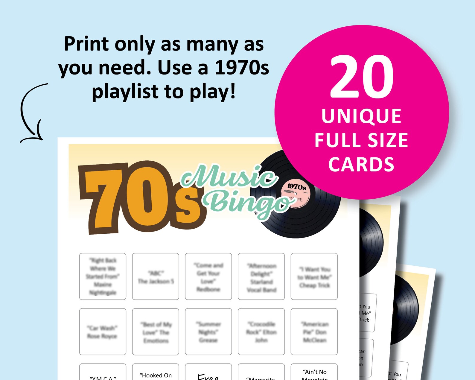 1970s Music Bingo Boards, 70s Printable Game, Instant Download, Party ...