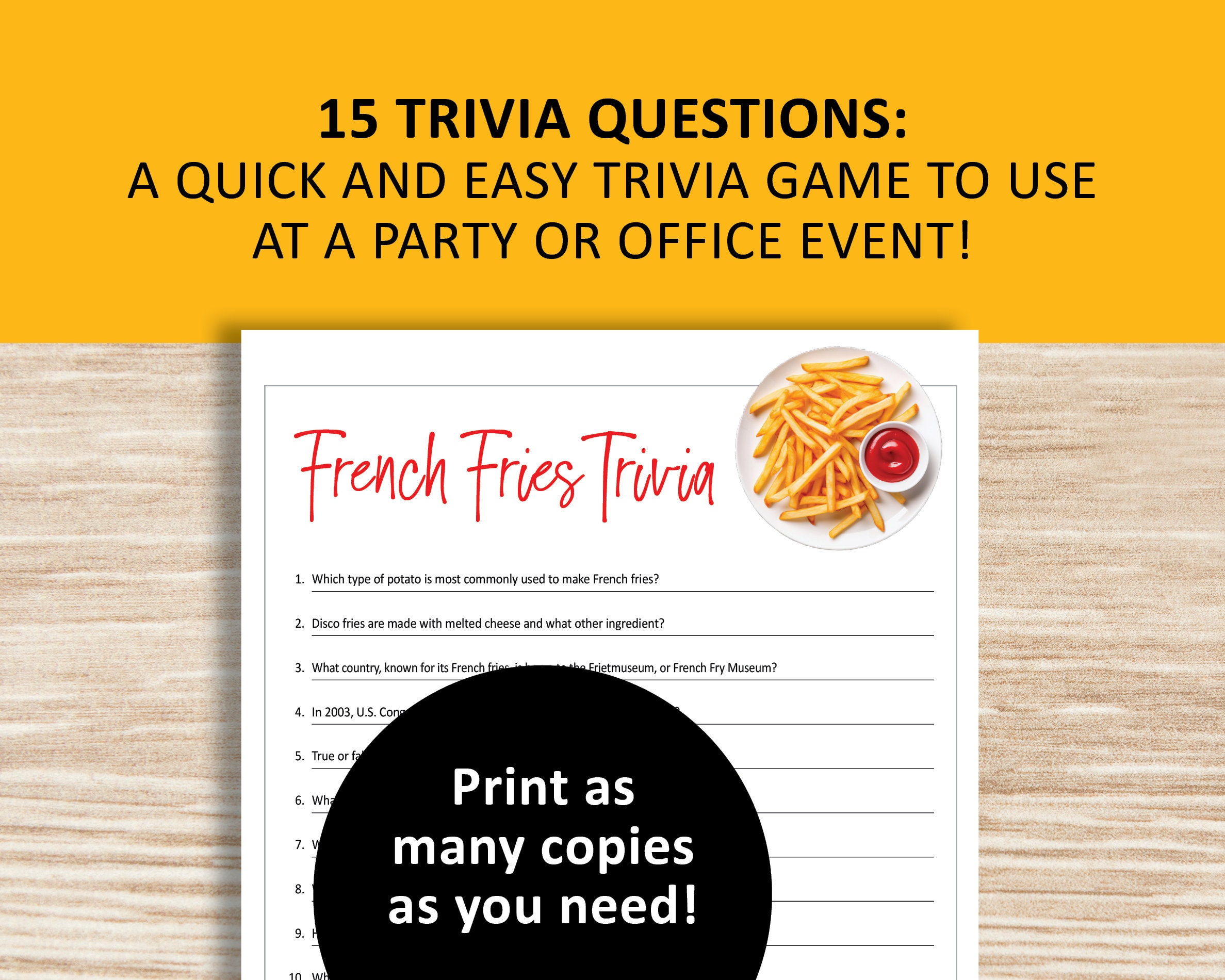 French Fries Trivia Game Printable Instant Download Fast - Etsy