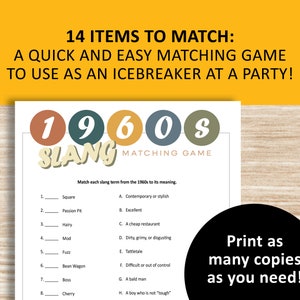 1960s Slang Game, Matching Printable, 60s Theme Party, Decades Trivia ...