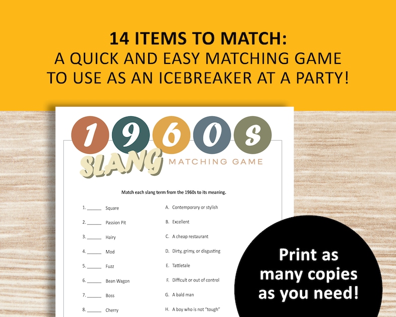 1960s Slang Game, Matching Printable, 60s Theme Party, Decades Trivia ...