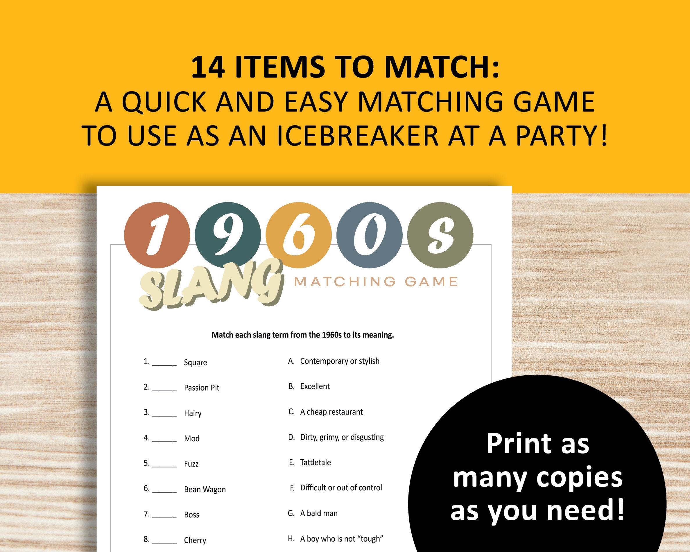 1960s Slang Game, Matching Printable, 60s Theme Party, Decades Trivia ...