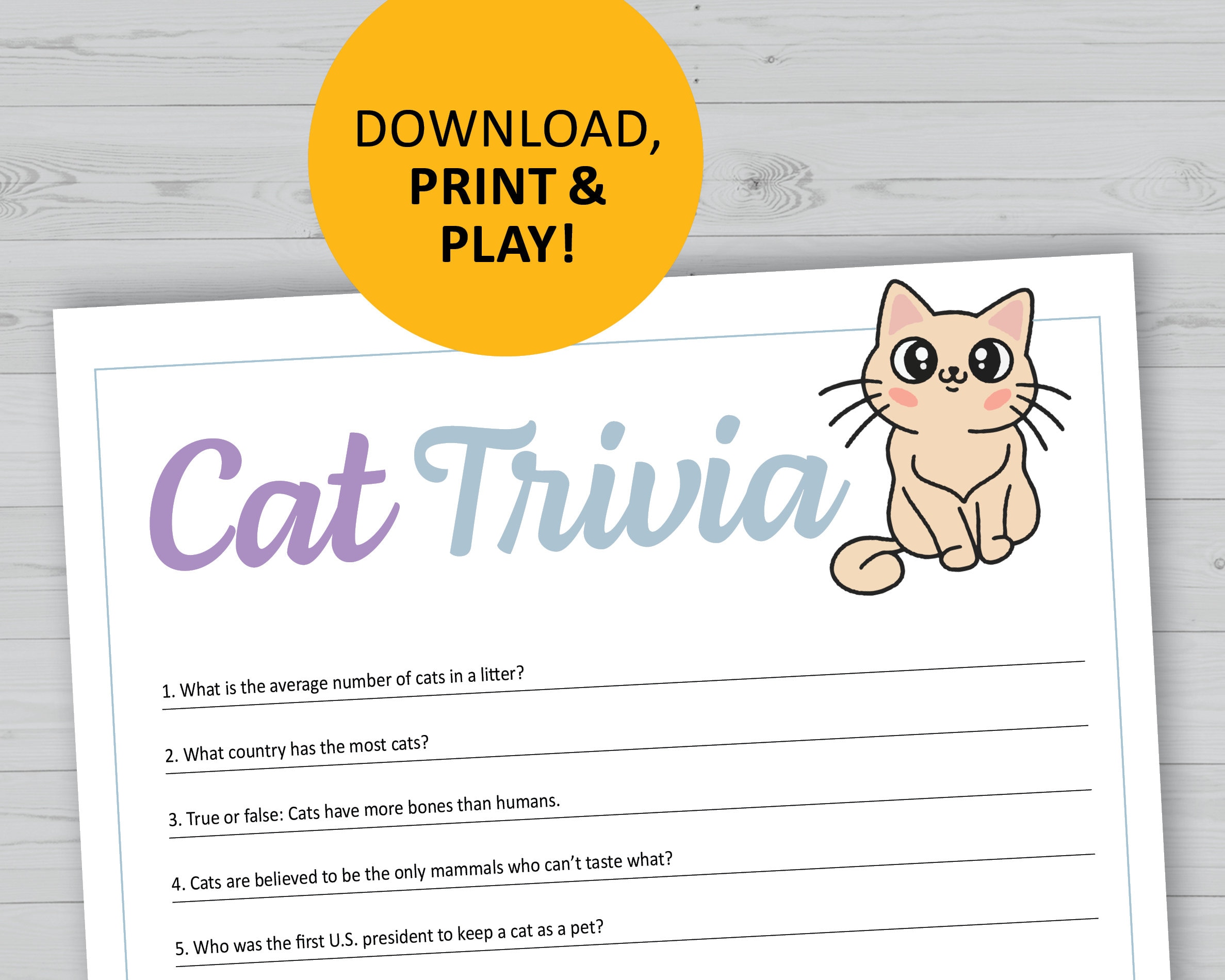 Cat Trivia Printable Game, Animal Lover, Cats Instant Download, Family ...