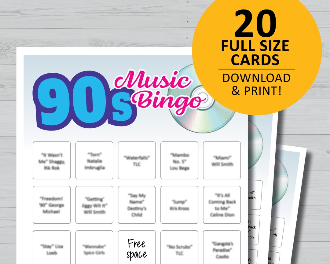 90s Music Bingo Boards, 1990s Printable Game, Instant Download, Party ...