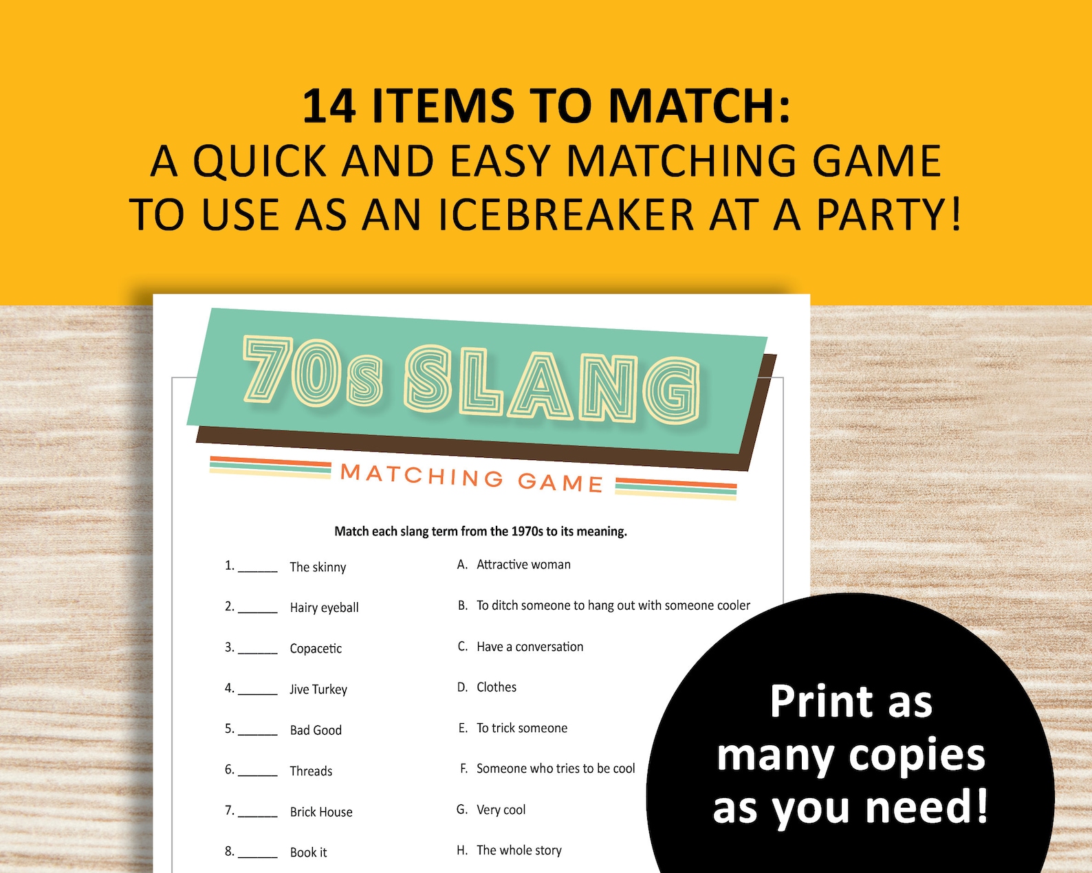 1970s Slang Game, Matching Printable, 70s Theme Party, Decades Trivia ...