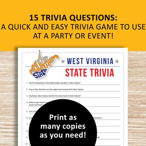 West Virginia Trivia Game, Printable, U.S. State Instant Download ...
