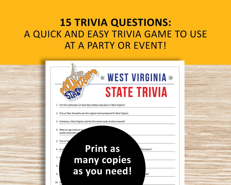 West Virginia Trivia Game, Printable, U.S. State Instant Download ...