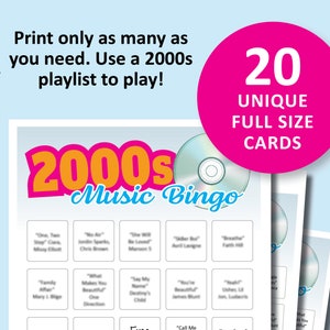 2000s Music Bingo Game, 20 Unique Boards (instant Download) - Etsy